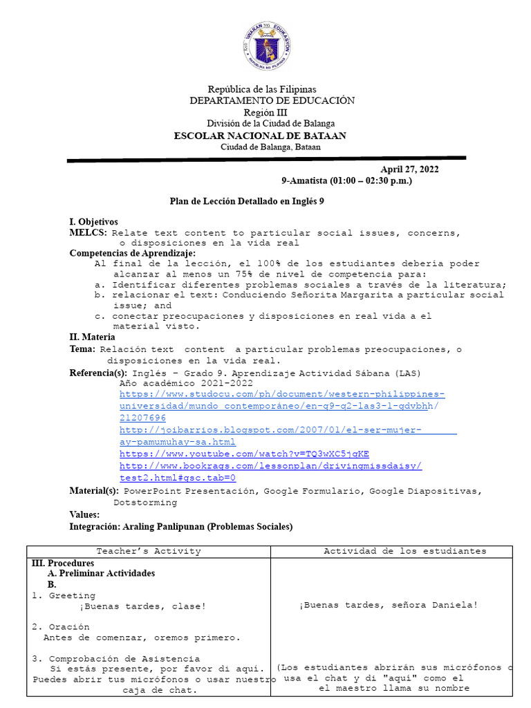 Plan de Lección Relacionando Contenido con Problemas, Preocupaciones o ...