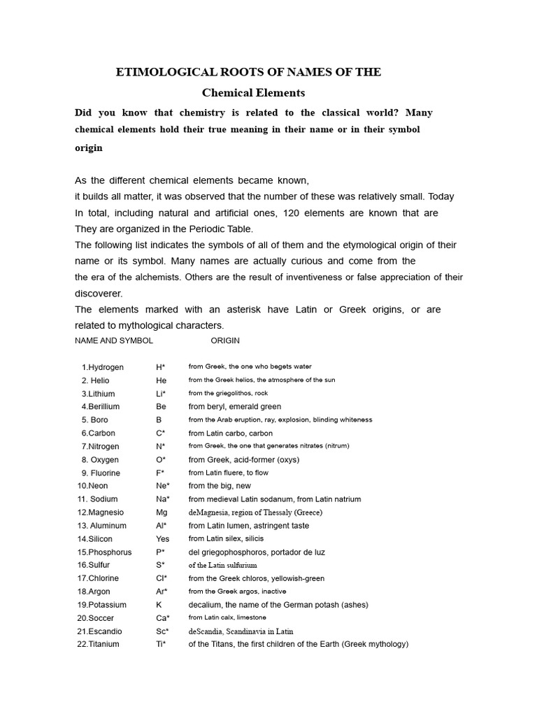 The Names of The Chemical Elements | PDF | Chemical Elements | Metals