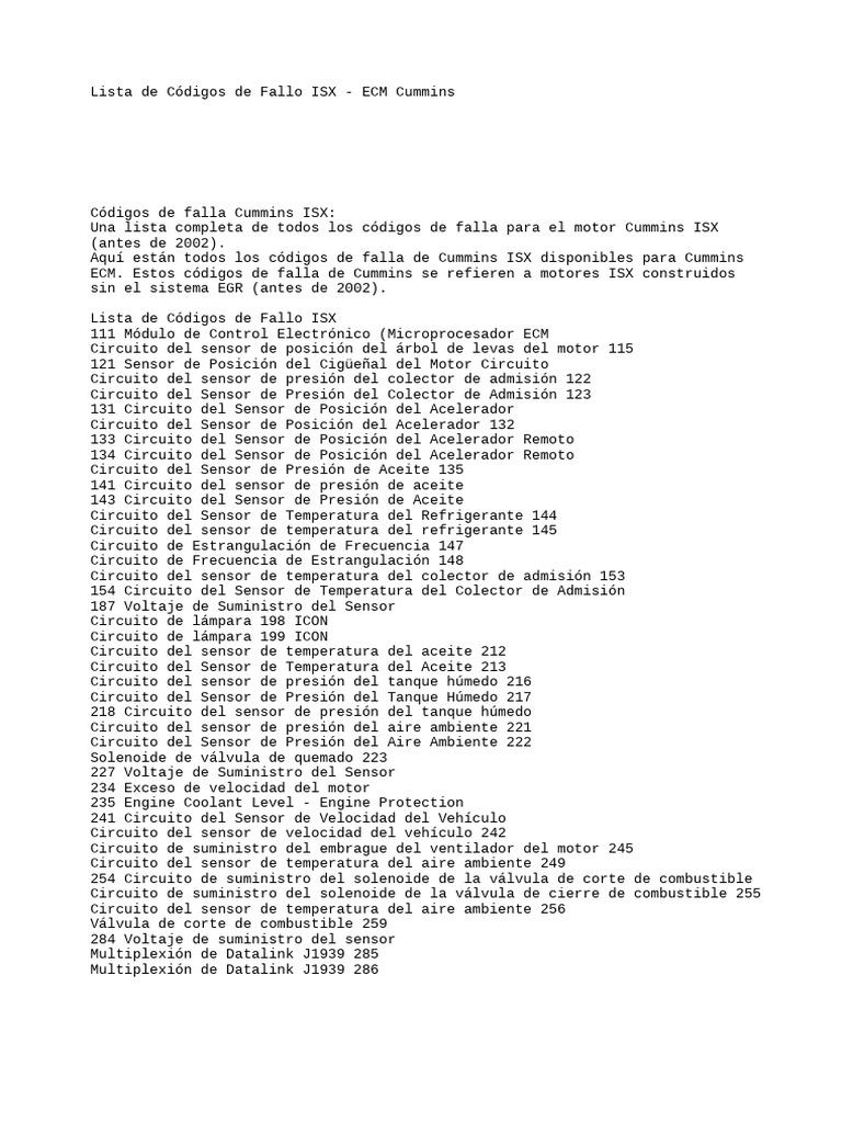 Lista de Códigos de Fallo ISX - ECM de Cummins | PDF | Acelerador | Red ...