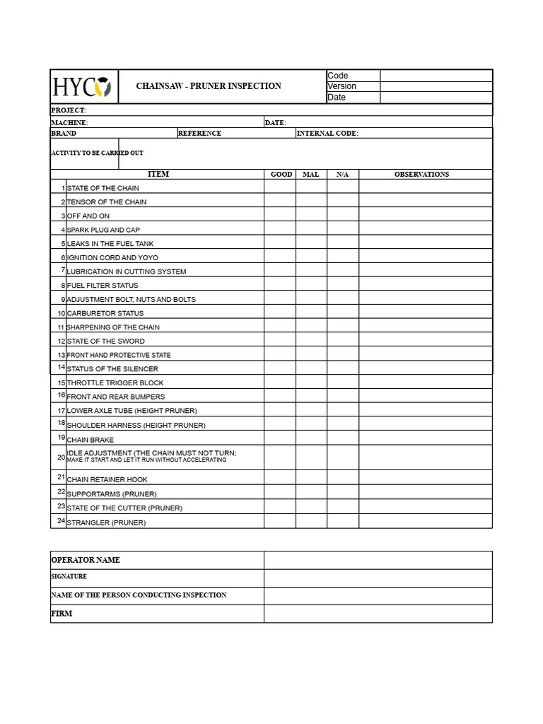 Chainsaw Pruner Inspection Checklist | PDF