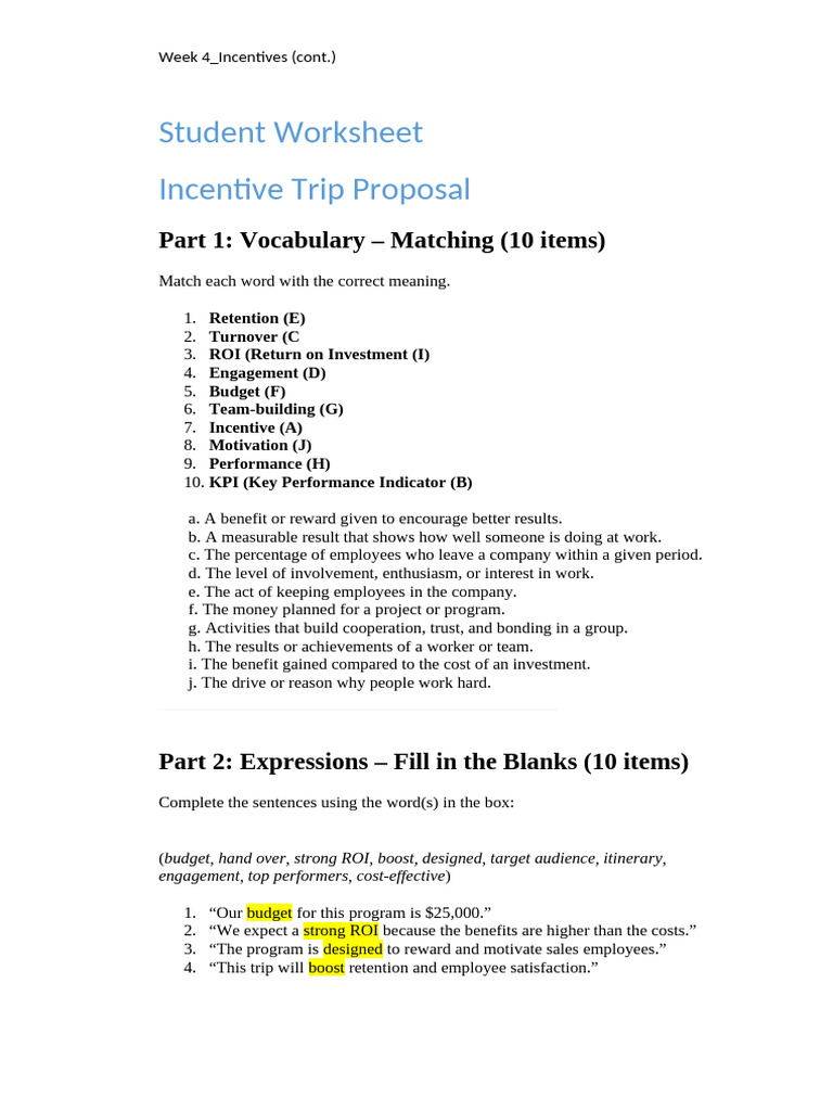 Incentive Trip Proposal Worksheet | PDF | Employee Retention | Incentive
