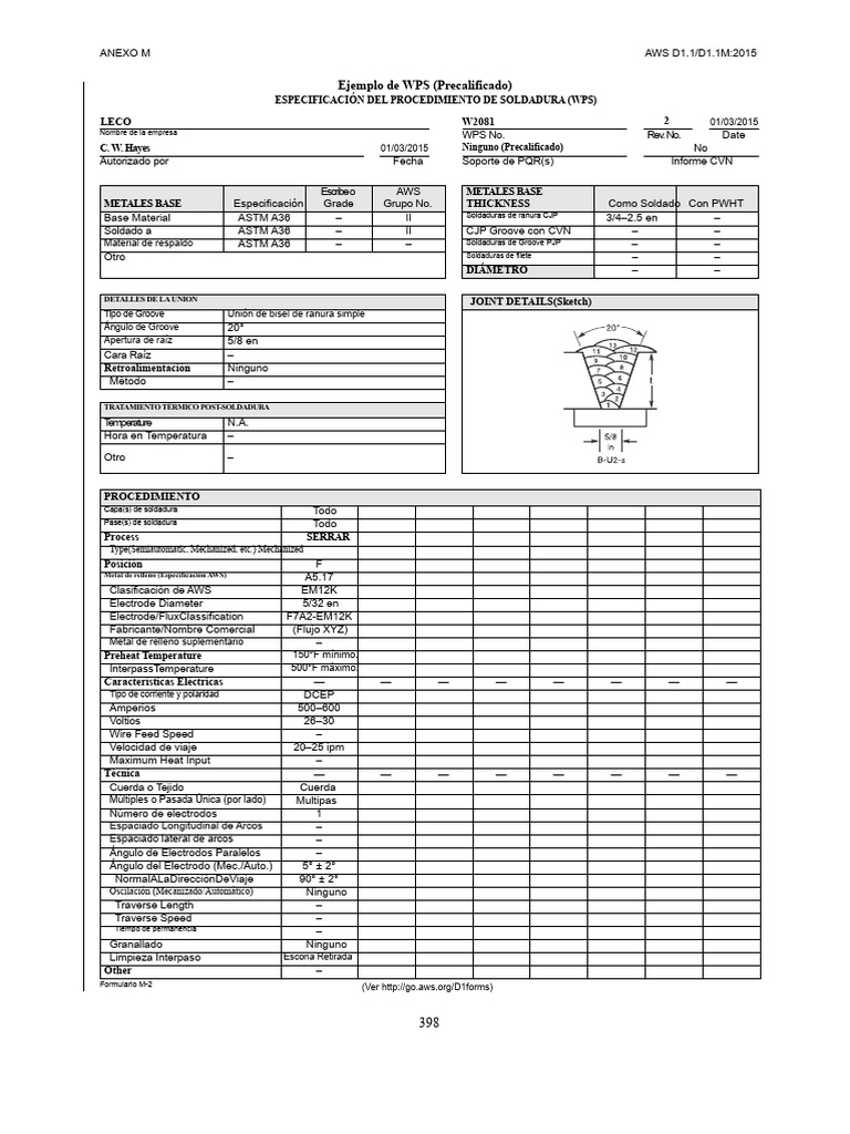 Ejemplo de WPS y PQR en AWS D1.1 | PDF | Soldadura | Construcción