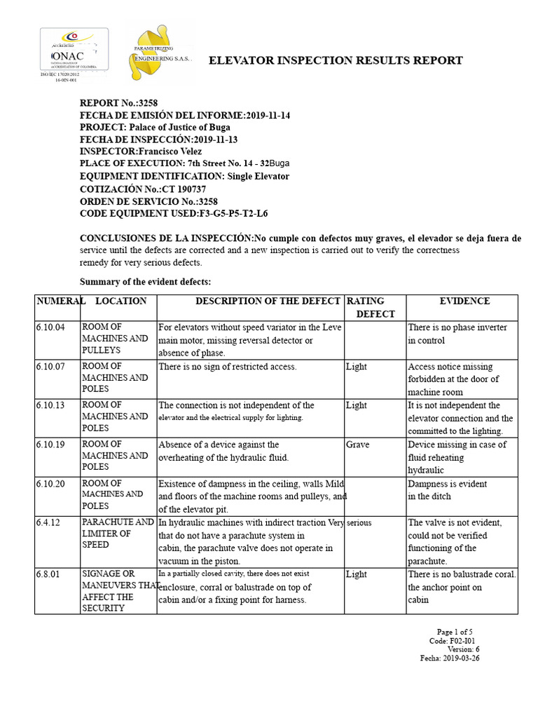 Elevator Inspection Report 3258 Buga | PDF | Elevator | Brake