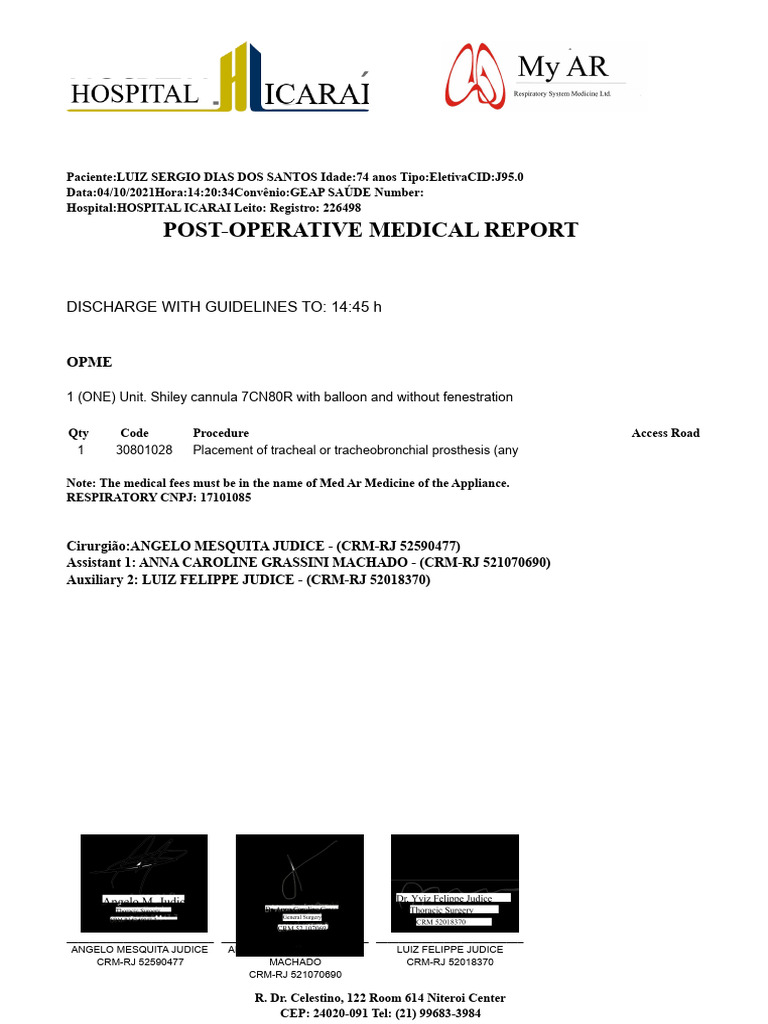 Post-Operative Medical Report: Discharge With Guidelines To: 14:45 H ...