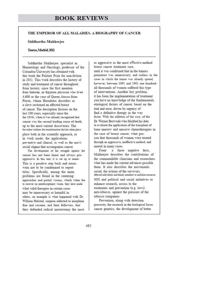 "The Emperor of All Maladies Review" | PDF | Cancer | Health Sciences