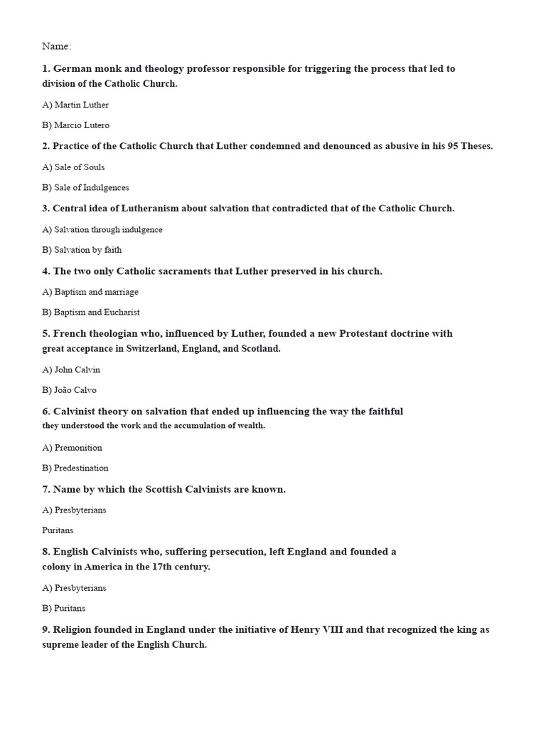 Crossword Answers Protestant Reformation | PDF
