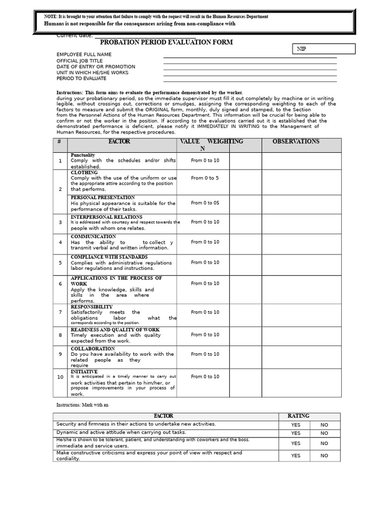 Probation Period Evaluation Form | PDF | Human Resources | Performance ...