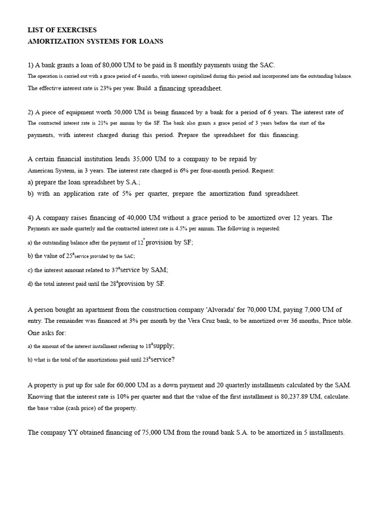 List of Exercises Amortization Systems | PDF | Interest | Loans