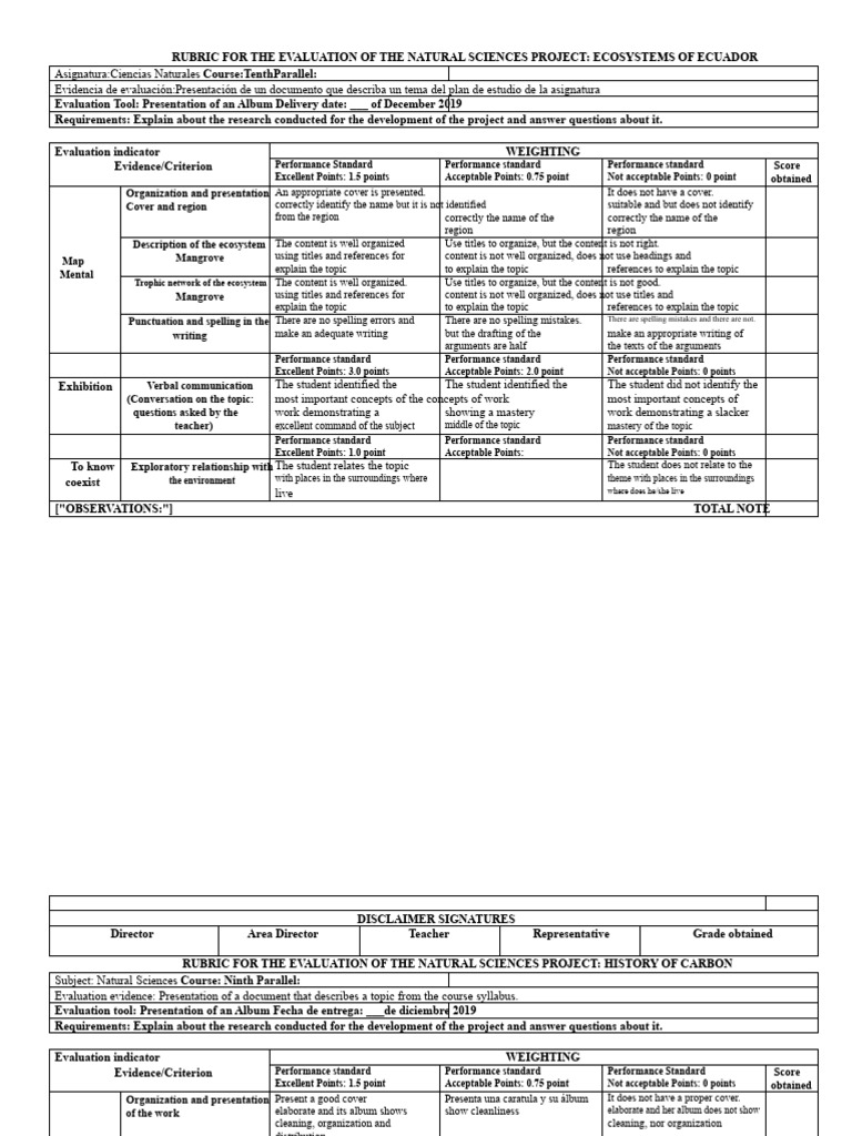 Rubric For The Evaluation of The Natural Sciences Project | PDF ...
