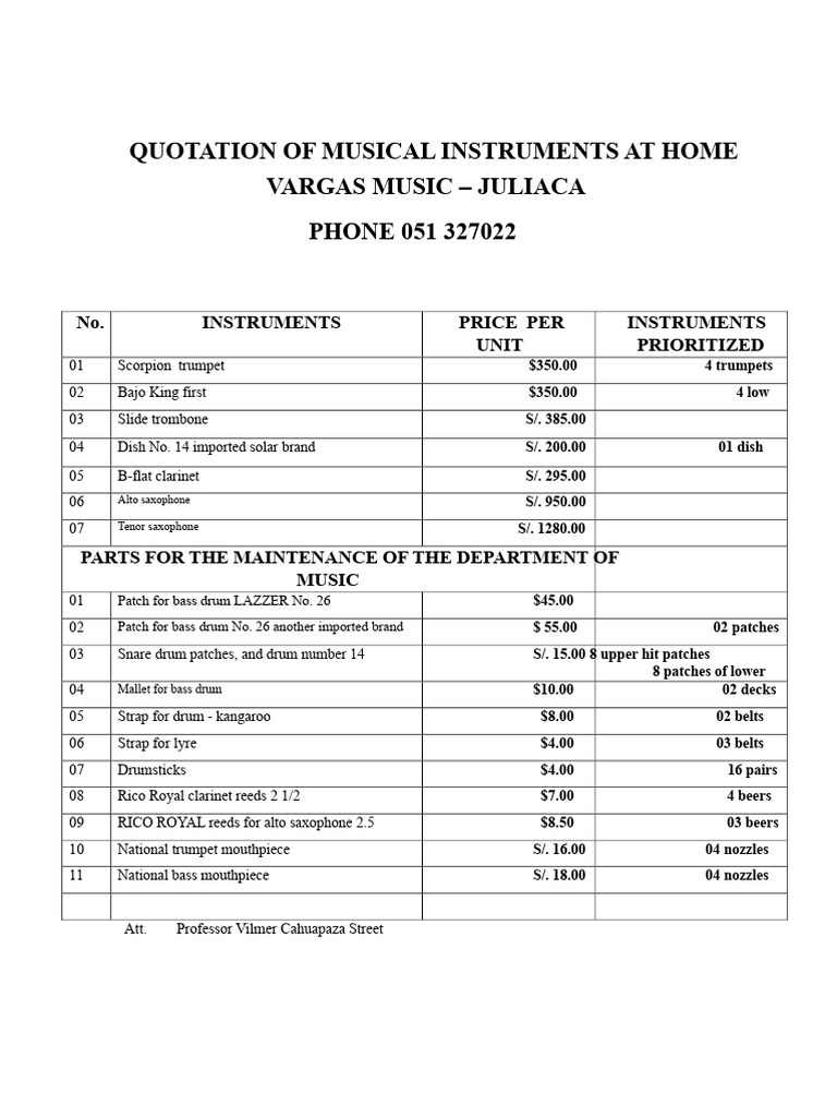 Quote For Musical Instruments at Casa Musicales Vargas | PDF