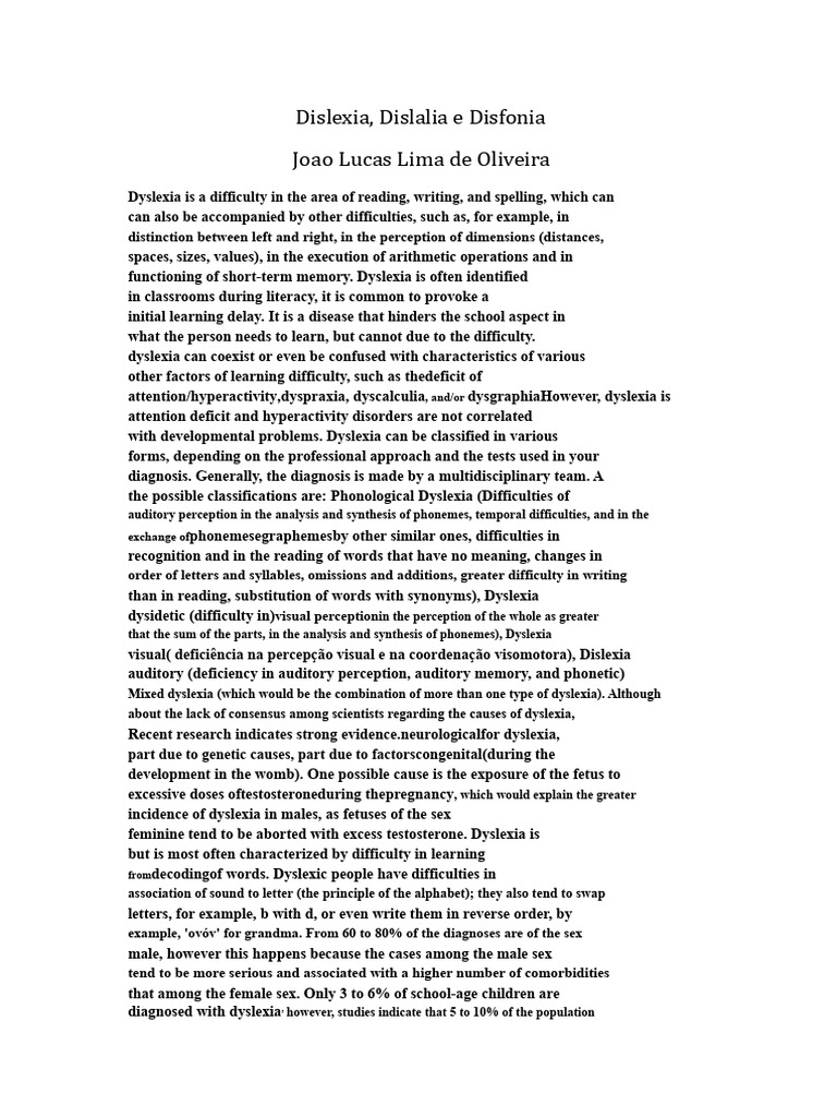 Dyslexia, Dyslalia, and Dysphonia | PDF | Dyslexia | Human Voice