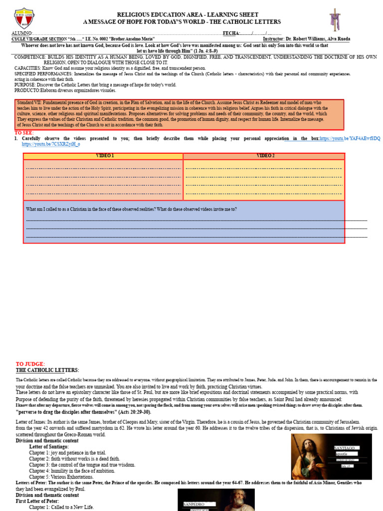 The Catholic Letters - 5th Year of Secondary School - Worksheet | PDF ...