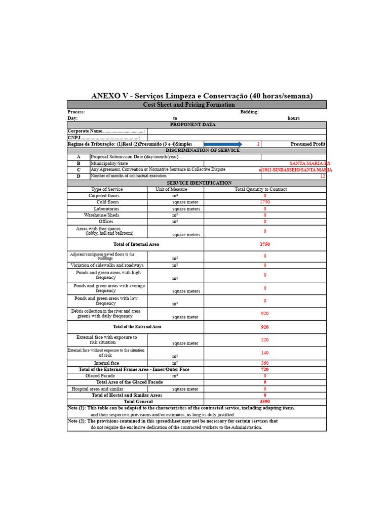 Cost Sheet Model and Price Form Cleaning and Conservation Services ...
