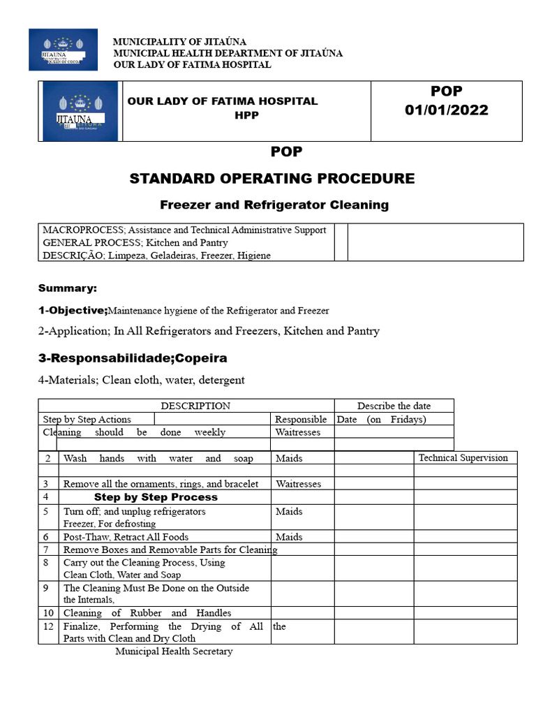 POP 01/01/2022 POP Standard Operating Procedure: Freezer and ...