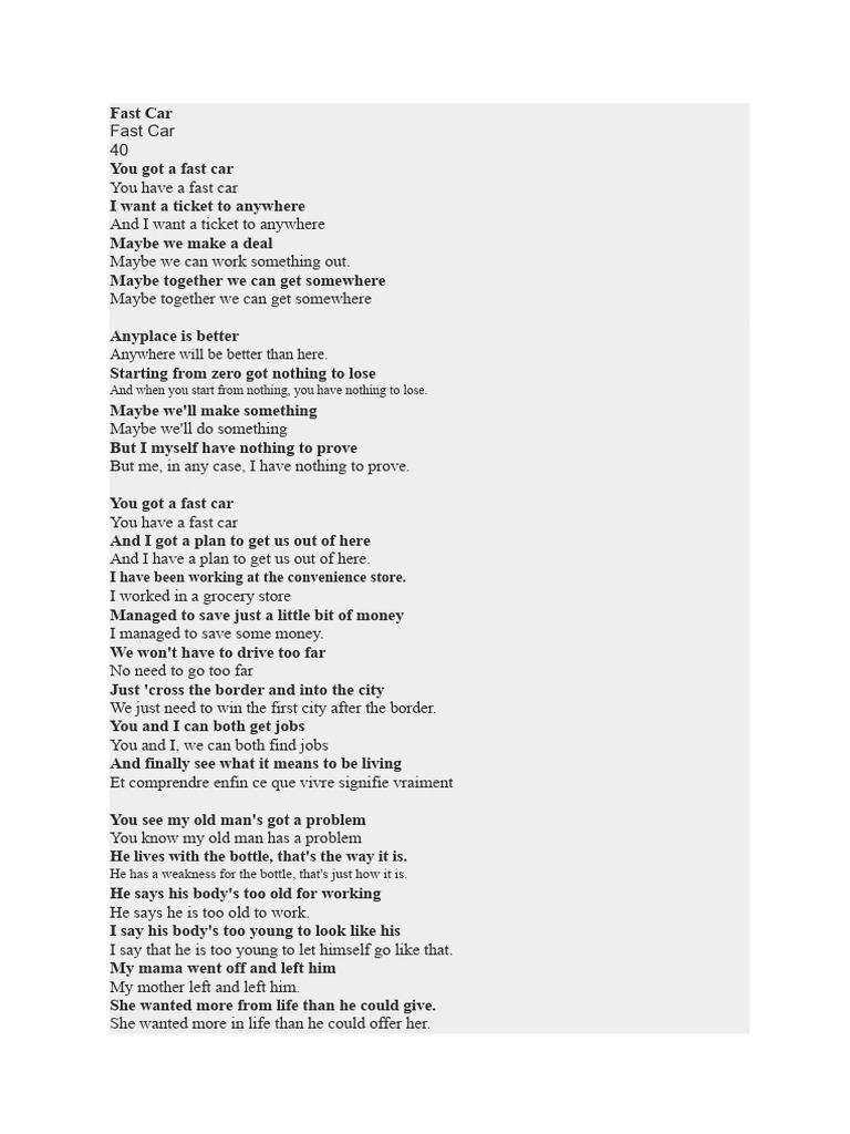 Fast Car Lyrics Analysis and Themes | PDF