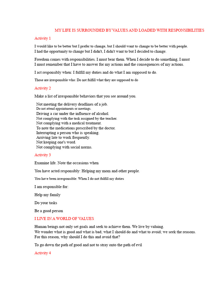 My Life Is Surrounded by Values and Loaded With Responsibilities | PDF ...