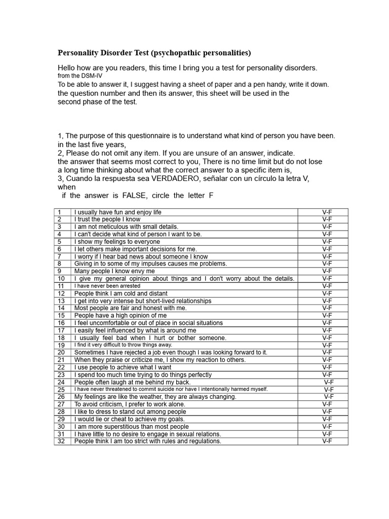Personality Disorder Test | PDF | Personality Disorder | Mental Health