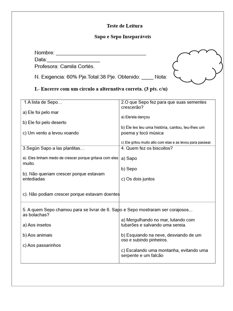 Teste de Compreensão de Leitura Sapo e Sepo Inseparáveis | PDF