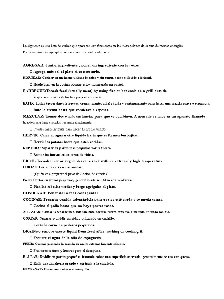 Una lista de verbos de cocina | PDF | Cocinando | Pasteles