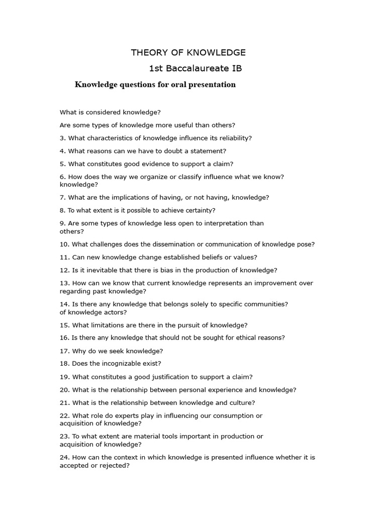 Knowledge Questions for IB Theory of Knowledge | PDF | Knowledge ...