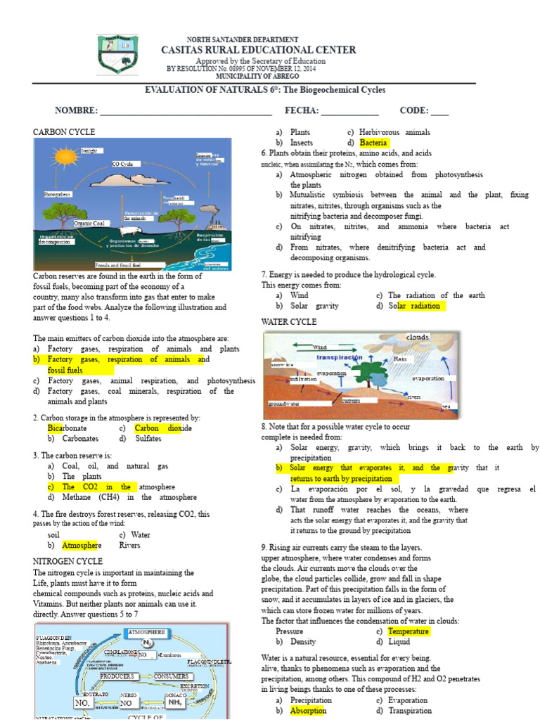 Biogeochemical Cycles Evaluation Guide | PDF | Atmosphere Of Earth ...