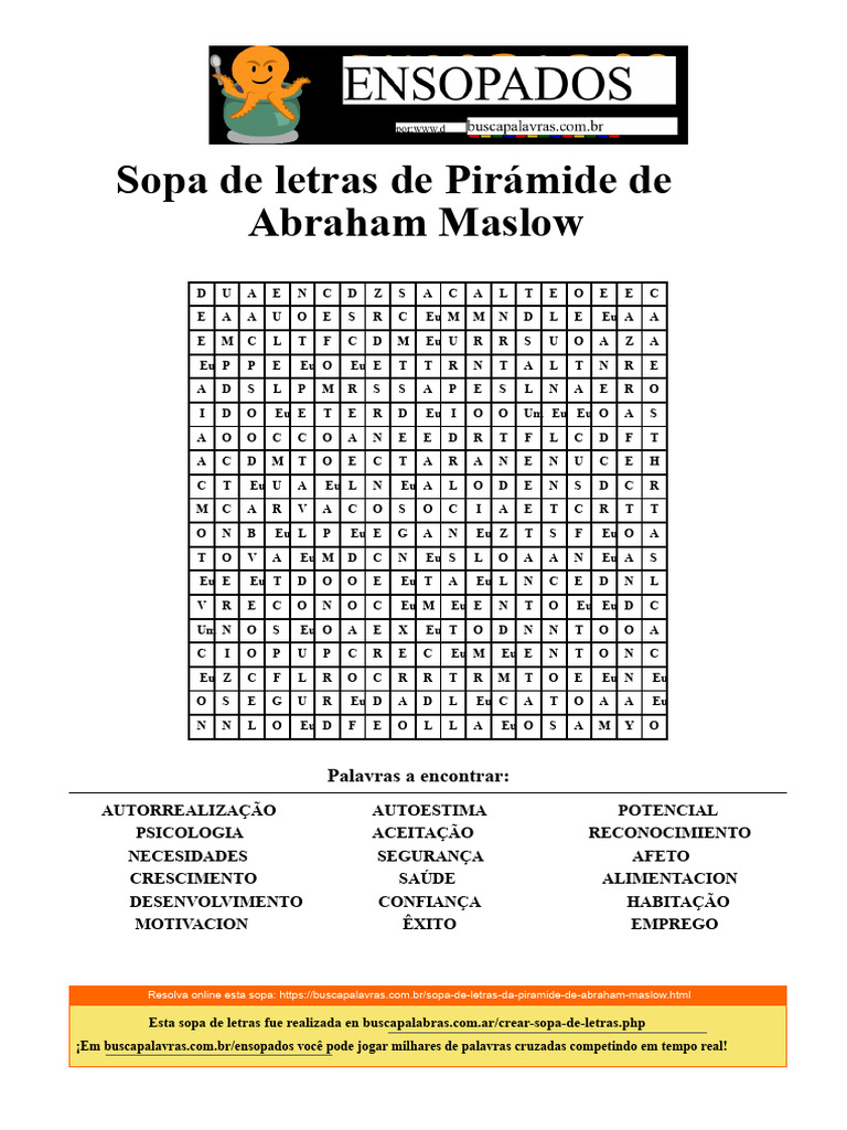 SOPA DE LETRAS PIRÂMIDE ABRAHAM MASLOW | PDF | Autoestima | Escolas da ...