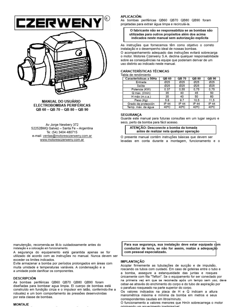 Manual de Bombas Periféricas QB60 a QB90 | PDF | Bomba | Engenharia ...