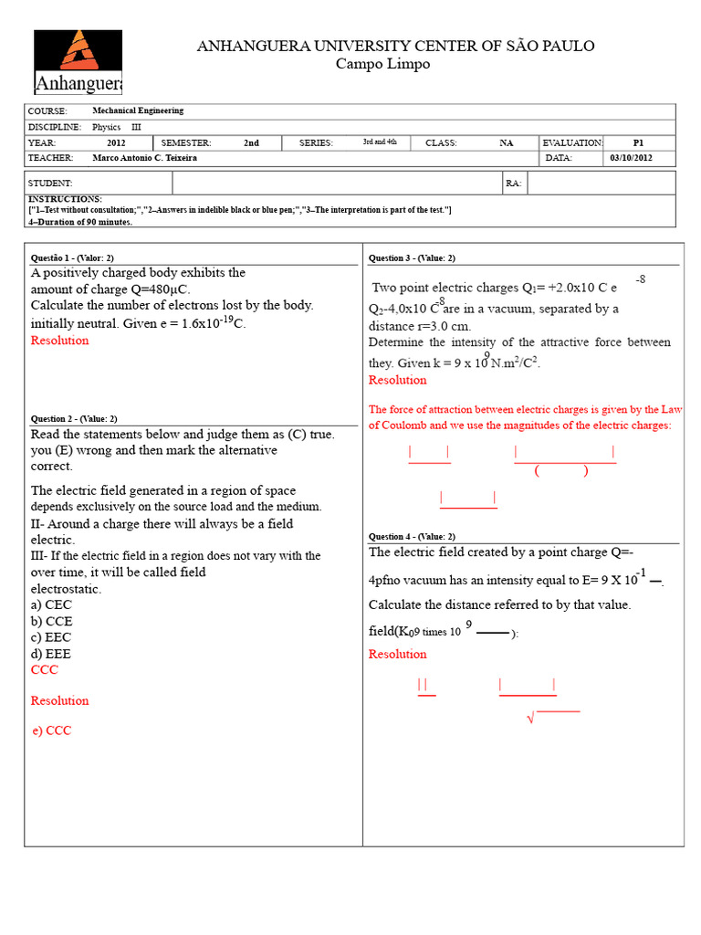 Test_P1_Anhanguera_Physics III | PDF | Capacitor | Capacitance