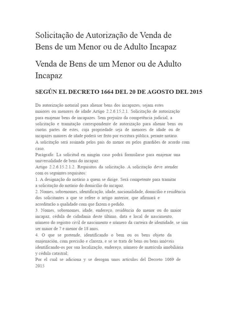 Solicitação de Autorização para Venda de Bens de um Menor ou de Adulto ...