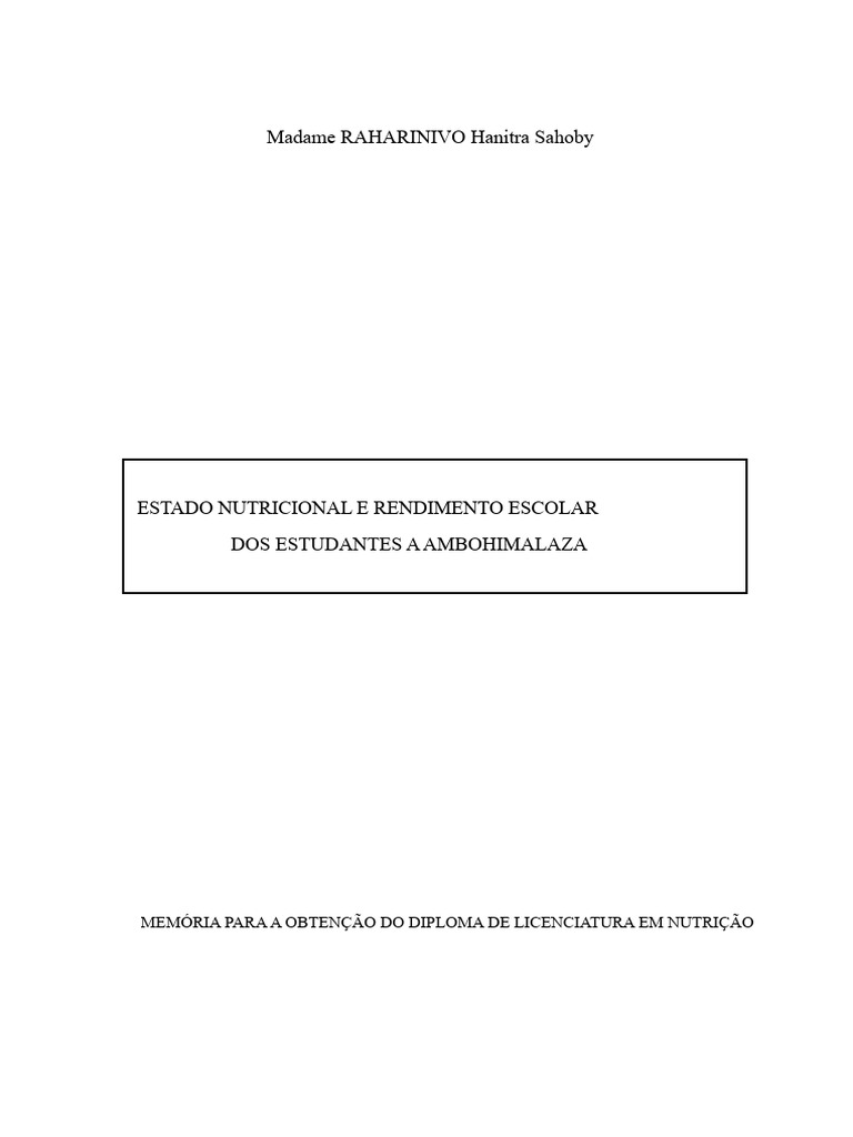 Estado nutricional e rendimento escolar dos alunos em Ambohimalaza ...
