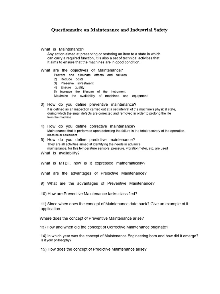 Questionnaire On Industrial Maintenance and Safety | PDF | Occupational ...