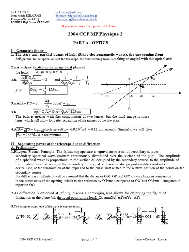 2004 CCP MP Physics 2-solution | PDF | Optics | Diffraction