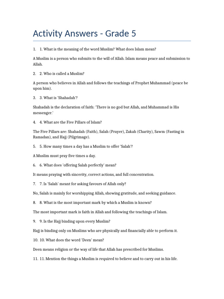 Grade 5 Islam Activity Answers | PDF