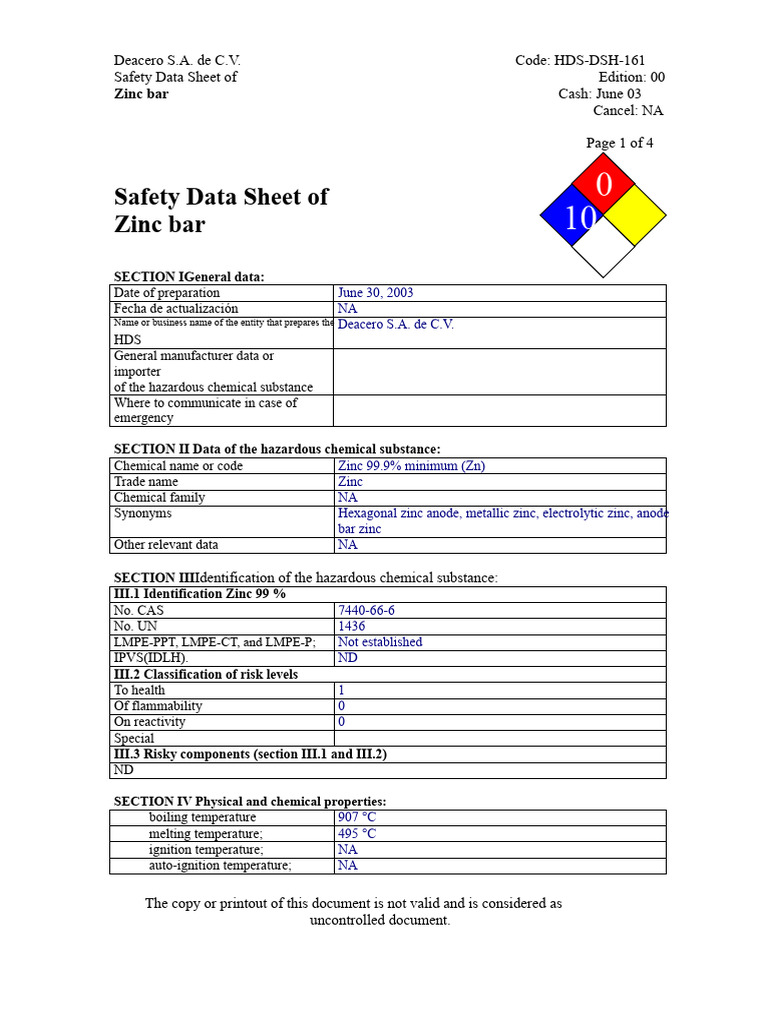 Zinc Bar Safety Data Sheet | PDF | Sodium | Zinc