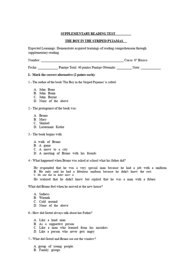 Reading Comprehension Test: The Boy in the Striped Pajamas | PDF