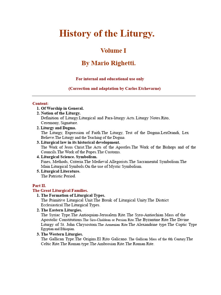 History of the Liturgy Volume I - Mario Righetti | PDF | Liturgical ...