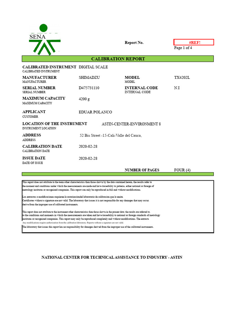 Calibration Report for Shimadzu TX4202L | PDF | Calibration | Metrology