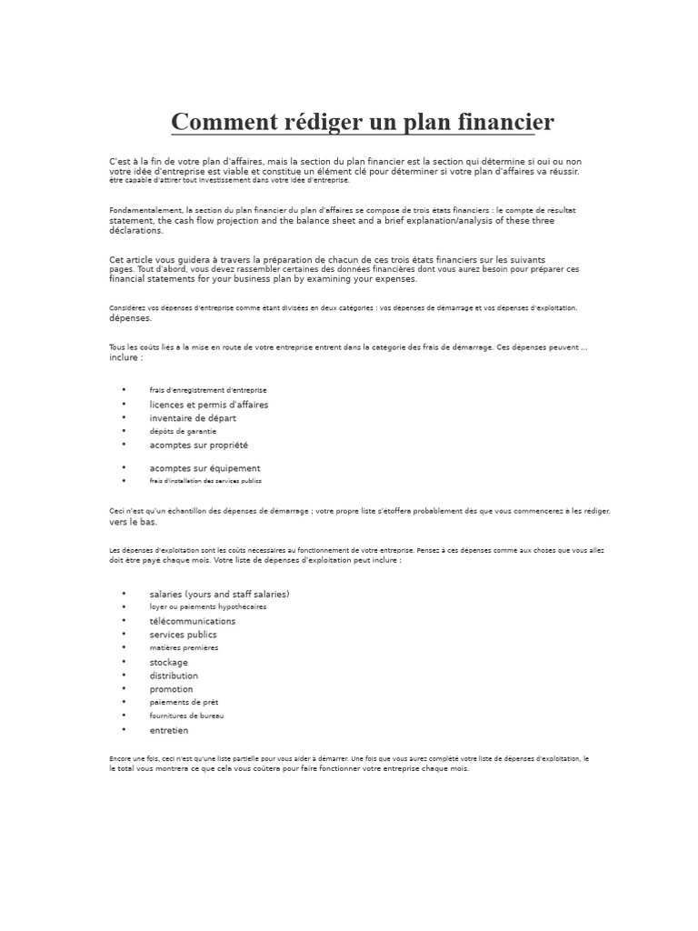 Guide de rédaction d'un plan financier | PDF | Bilan comptable | Business