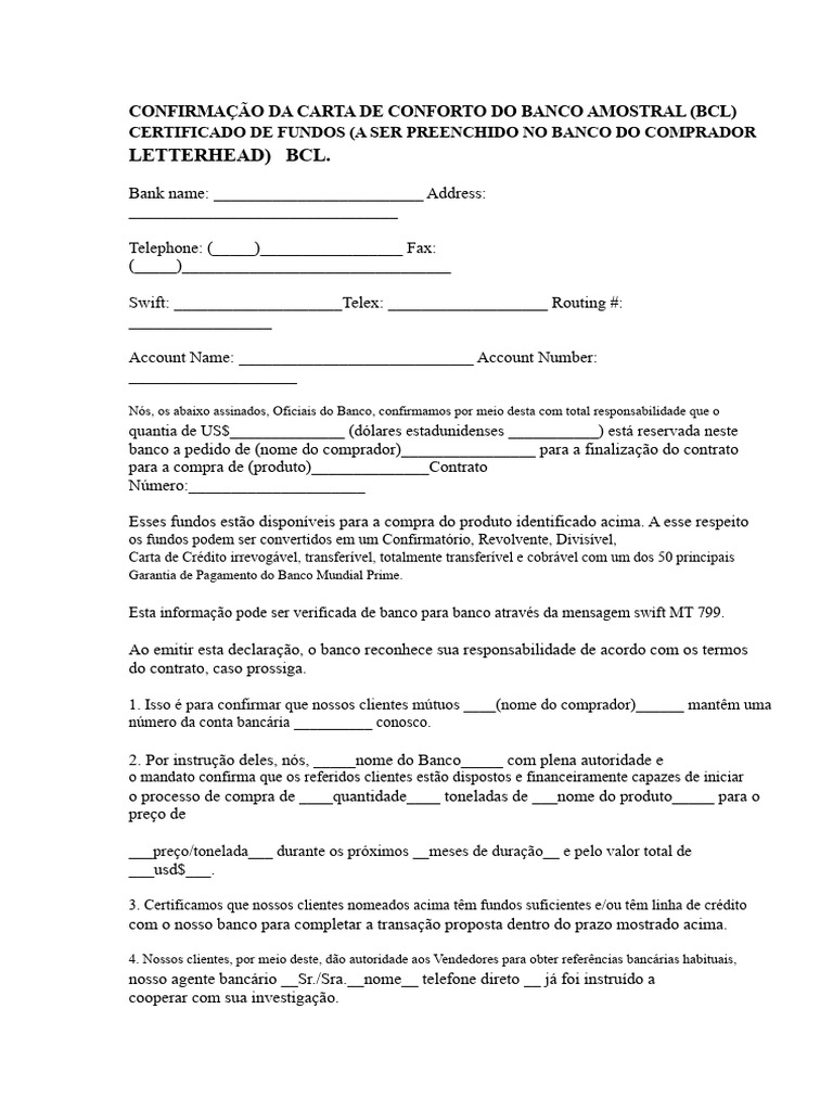 BCL Model Sample Bank Comfort Letter PDF | PDF