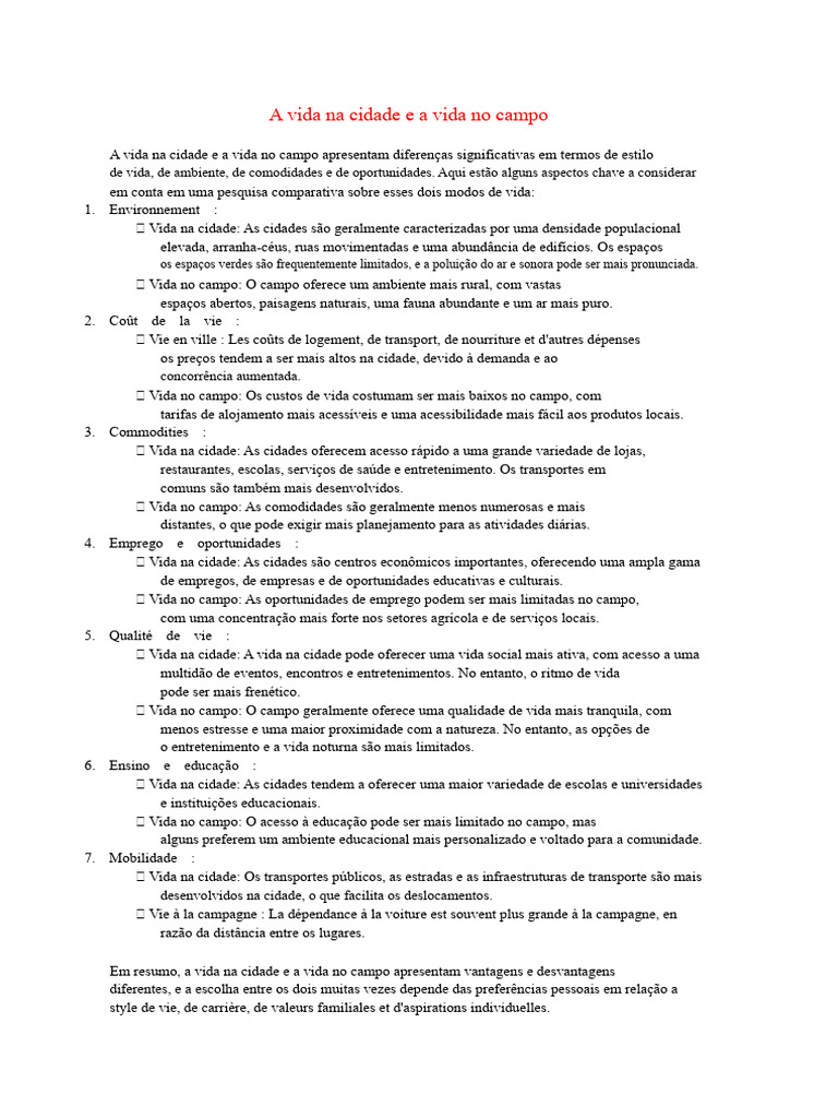 A vida na cidade e a vida no campo | PDF | Cidade | Custo de vida