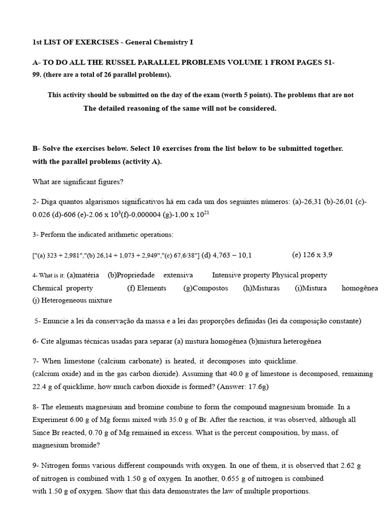 List of exercises 1-General Chemistry I.pdf | PDF | Magnesium | Proton