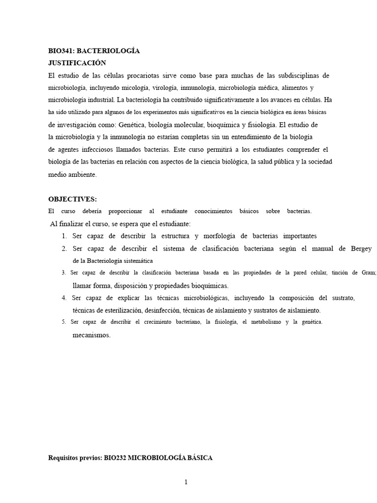 BIO341 BACTERIOLOGÍA Esquema del Curso | PDF | Las bacterias | Biología