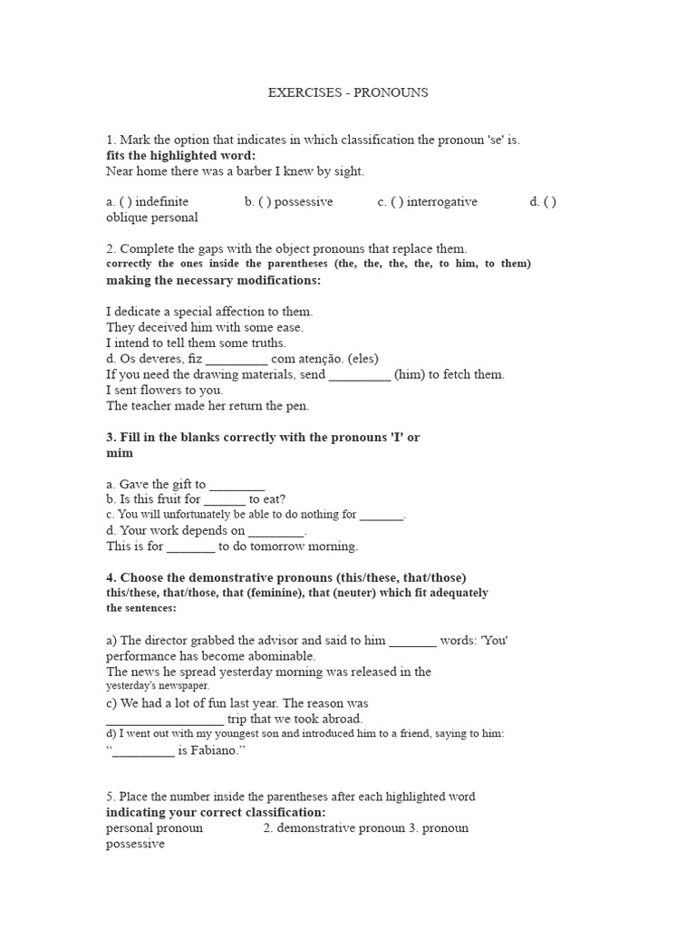 Pronoun Exercises for Language Learning | PDF | Pronoun | Grammatical ...