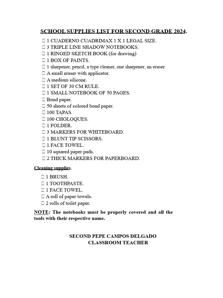 School Supplies List for Second Grade 2024 | PDF