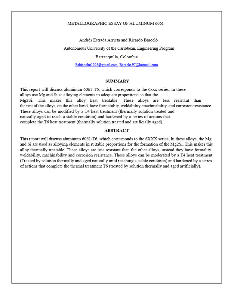 Metallographic Study of Aluminum 6061 | PDF | Heat Treating | Alloy