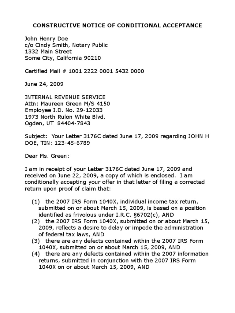 IRS Conditional Acceptance Notice | PDF | Affidavit | Irs Tax Forms