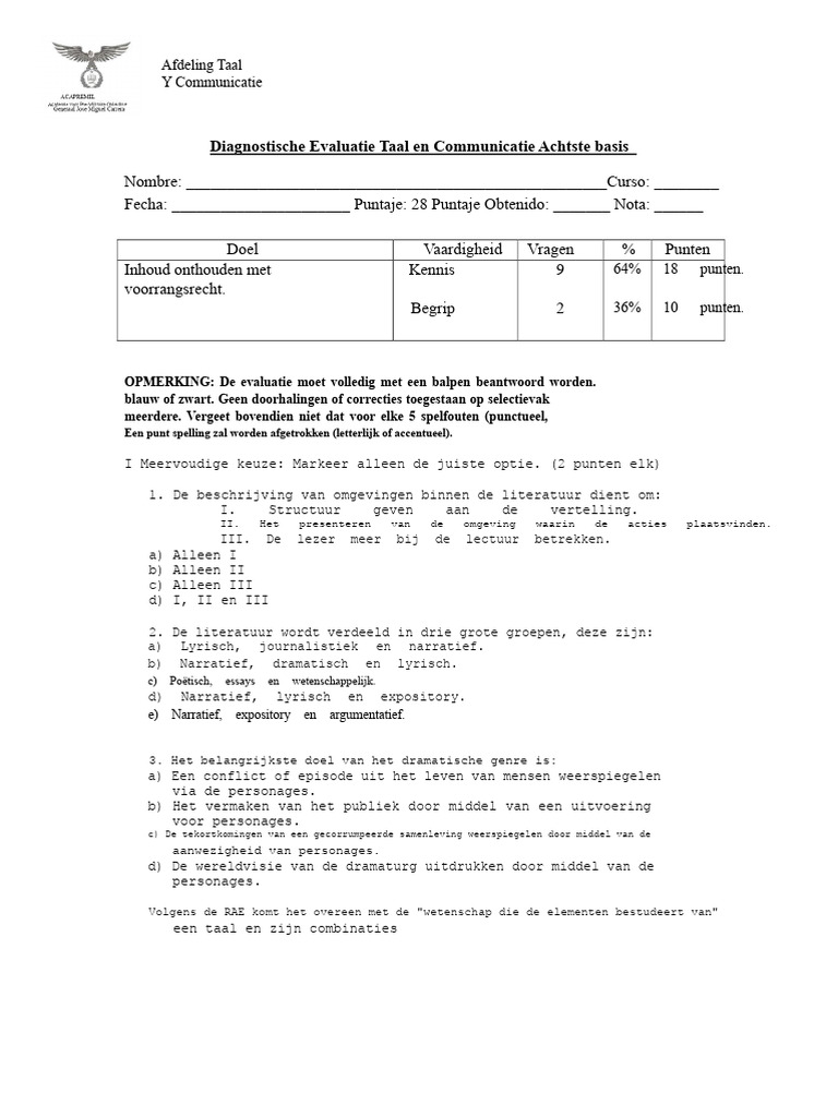 Diagnostische Evaluatie Taal en Communicatie Achtste Basis | PDF