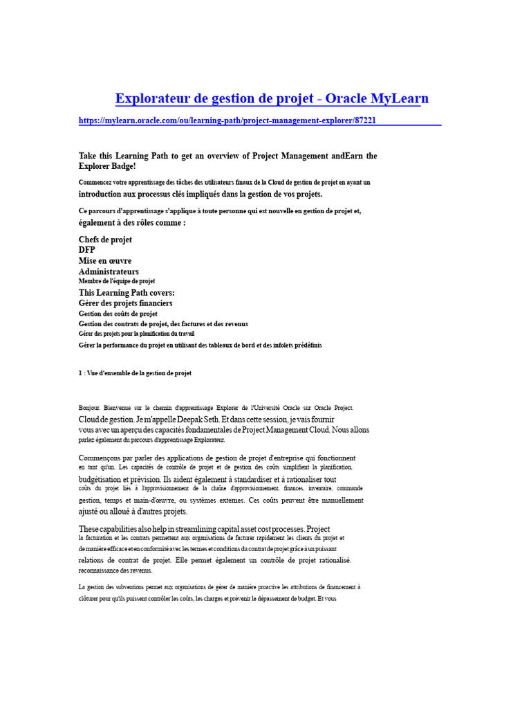 Introduction à la gestion de projet Oracle | PDF | Gestion de projet ...
