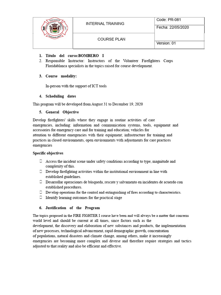 Course Plan FIRE FIGHTER I | PDF | Firefighter | Learning