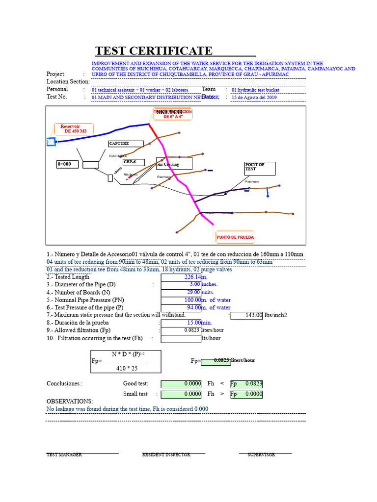 Hydraulic Test Certificate for Water Service | PDF | Water Supply ...